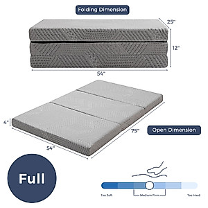 IULULU Folding Mattress Full Size, 4 Inch Tri-Fold Memory Foam Mattress, Foldable Gel-Infused Mattress Topper with Washable Cover for Playroom, Camping, Guest, 75" x 54" x 4"
