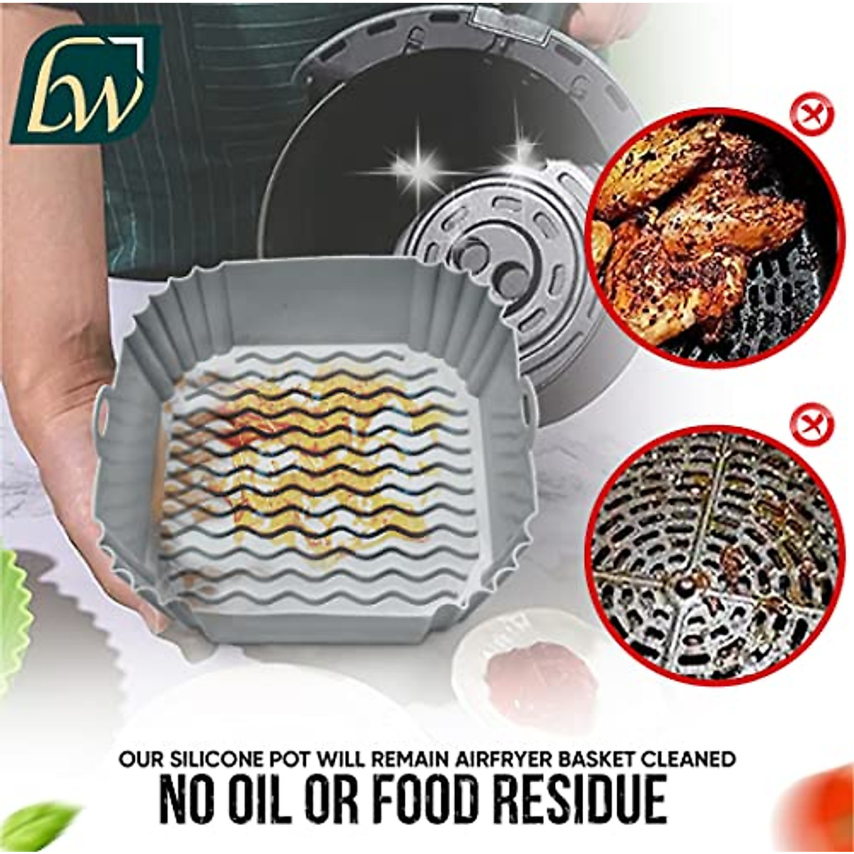 BW 2-Pack Square Silicone Air Fryer Liners 8 Inch For (4 to 7 QT) Reusable AirFryer Pot Air Fryer Inserts For Oven Microwave Accessories (Grey+Pink) + (2 Anti Heat Gloves)