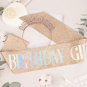 Birthday Sash Birthday Crown for Women, Birthday Girl Sash, Birthday Girl Crown, Glitter Rose Gold Birthday Sash and Crown Rhinestone Headband Set, Happy Birthday Girl Princess Tiara Sash Accessories