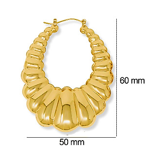 Pnk Trend Gold Plated Scalloped Hoop Earrings for Women-Oval Shaped Shrimp Puffy Hollow Hoop Door Knocker Pin-catch Earrings 50 mm/ 2 inch with Jewelry Box