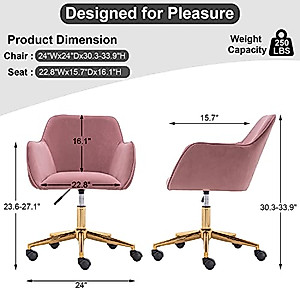 Velvet Desk Chair Height Adjustable - Modern Office Chair Vanity Chair for Makeup Room, Soft Upholstered Office Chair Accent Chairs with Wheels, Pink Velvet Chair Swivel Chairs for Living Room Bedroom