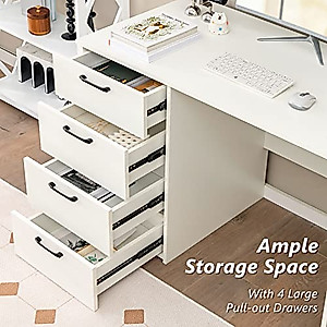 COSTWAY White Computer Desk with 4 Large Drawers, Home Office PC Desk Workstation for Writing, Modern Computer Table for Bedroom, Study, Living Room