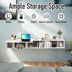 Pmnianhua 63'' Floating Desk with Storage Shelves,Wall Mounted Desk Laptop Computer Writing Study Table for Bedroom Small Space(White)