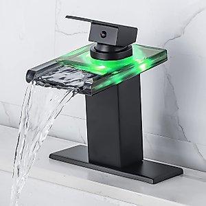 Y-Garhe LED Bathroom Sink Faucet - Matte Black Single Hole or 4 Inch Centerset Waterfall Faucet with Glass Spout and Temperature-Sensitive LED Lights, Includes Deck Plate