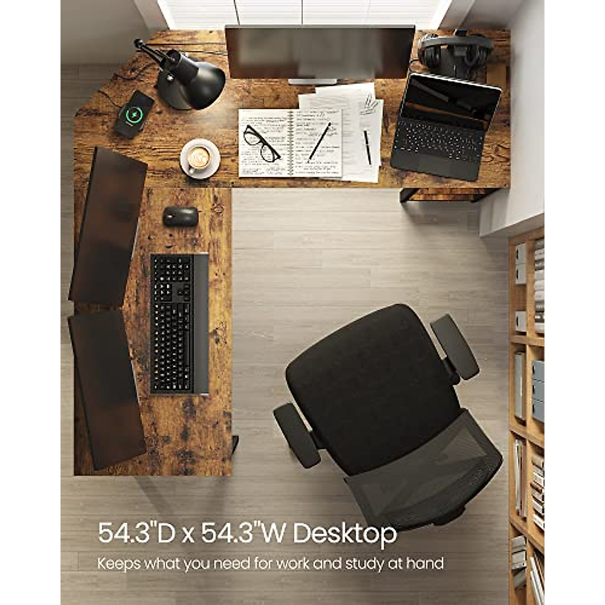 VASAGLE L-Shaped Computer Desk, Corner Desk, 54-Inch Writing Study Workstation, Rustic Brown and Black ULWD72X​