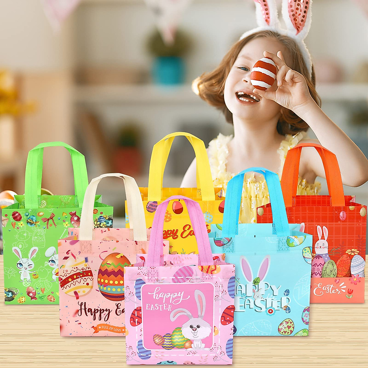 Colovis 12PCS Easter Gift Bags, Reusable Easter Treat Bags for Kids, Non-Woven Easter Bags With Handles for Gifts Wrapping, Easter Party Favors (8.3 x 7.9 x 5.9 Inches)
