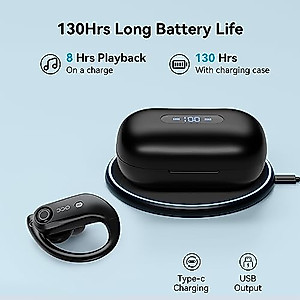 Wireless Earbuds Bluetooth Headphones 130H Playback 4-Mic HD Call IP7 Waterproof Ear Buds in Ear Sport LED Display Earphones with Earhooks for Running Workout Gym Phone Laptop TV Computer (Black)