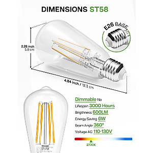 Edison LED Light Bulbs, 6W Equivalent 60W, Warm White 2700K, Non-Dimmable, 600LM, 85+CRI, ST58 Vintage Clear Glass Filament Light Bulbs, E26 Medium Base, Pack of 12