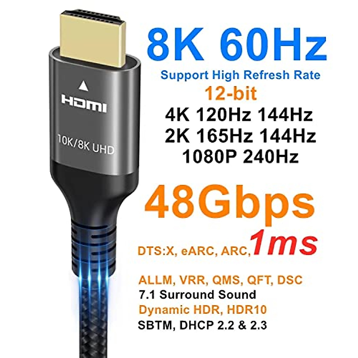 10k 8k 4k HDMI 2.1 Cable 1.5 FT, Certified 48Gbps 1ms Ultra High Speed HDMI Cable 4k 120Hz 144Hz 10k 8k 60Hz 12bit DTS:X Dolby Atmos HDR10+ ARC eARC Compatible for Gaming PC Soundbar RTX3080 PS5 Xbox