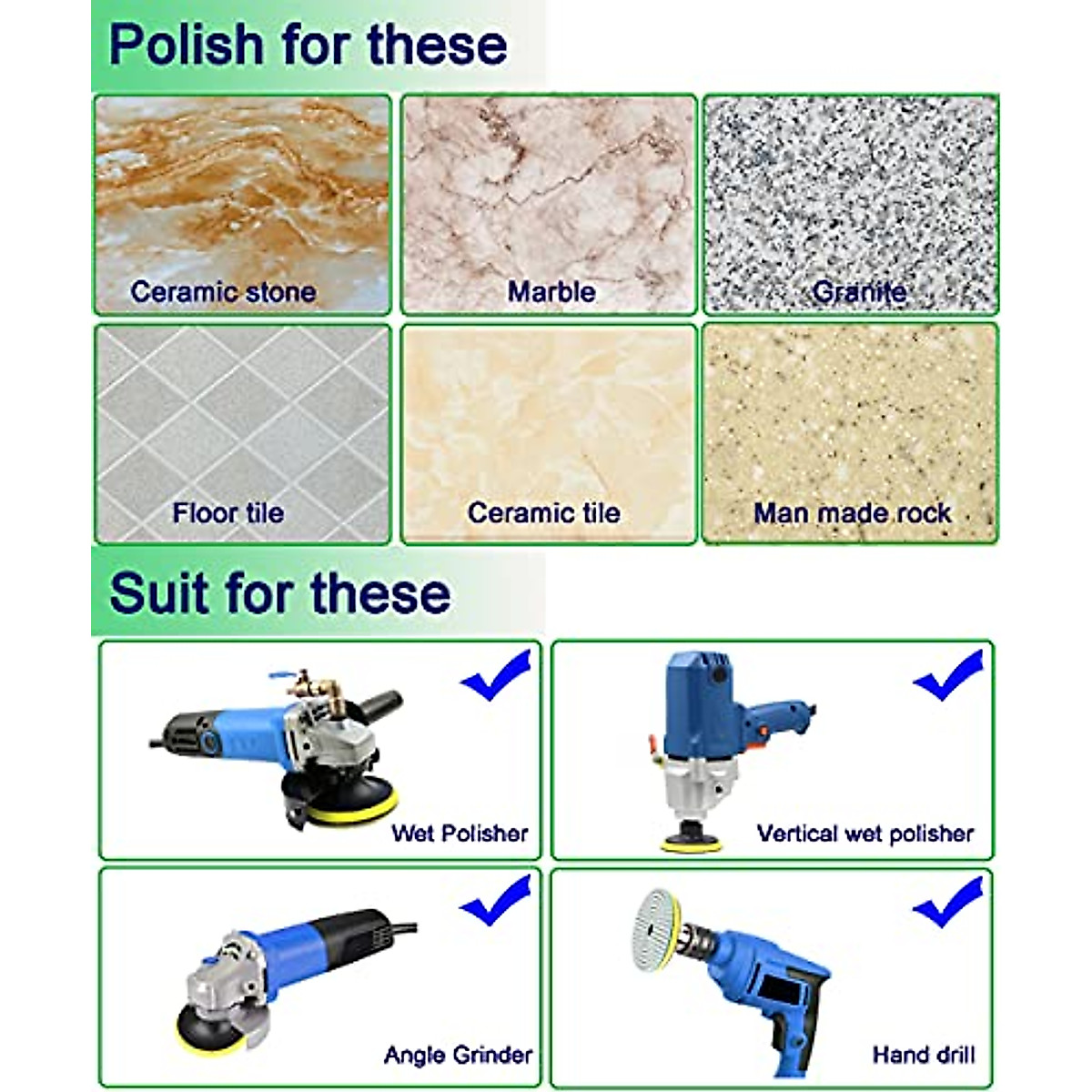 19PCS Diamond Polishing Pads 4 Inch Granite Stone Polish Kit, 50# - 3000# Grit with 5/8"-11 Backer Pad for Granite Stone Concrete Marble Floor Polishing