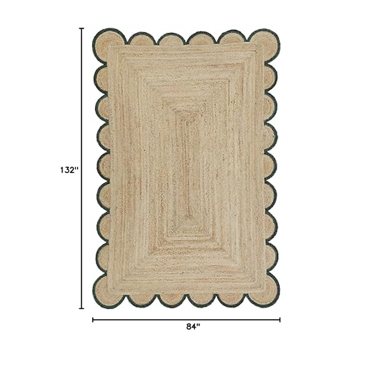 THE PIKKU INTERNATIONAL - Handmade Jute Rug Beige with Scallop Green Border Rectangle Hand Woven Farmhouse Jute Area Rug (7 x 11 ft)