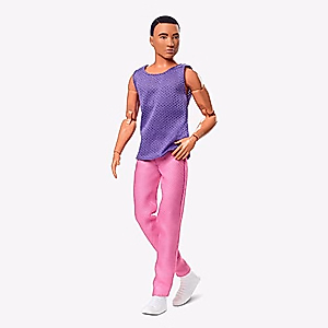 Barbie Looks Ken Doll with Black Hair Dressed in Purple Mesh Top and Pink Trousers, Posable Made to Move Body, 6 years and older