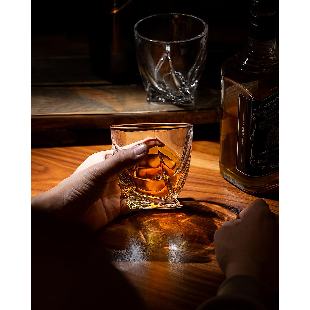 LUXU Whiskey Glasses(Set of 4)-10 oz Twisted Scotch Glasses,Premium Old Fashioned Glasses,Clear Crystal Bourbon Rock Glasses,Large Bar Glasses,Unique Glassware Tumblers for Cocktails