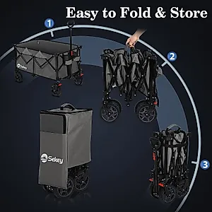 Sekey Collapsible Foldable Wagon with 330lbs Weight Capacity, Heavy Duty Folding Wagon Cart for Grocery Camping, with Big All-Terrain Wheels & Drink Holders.Black