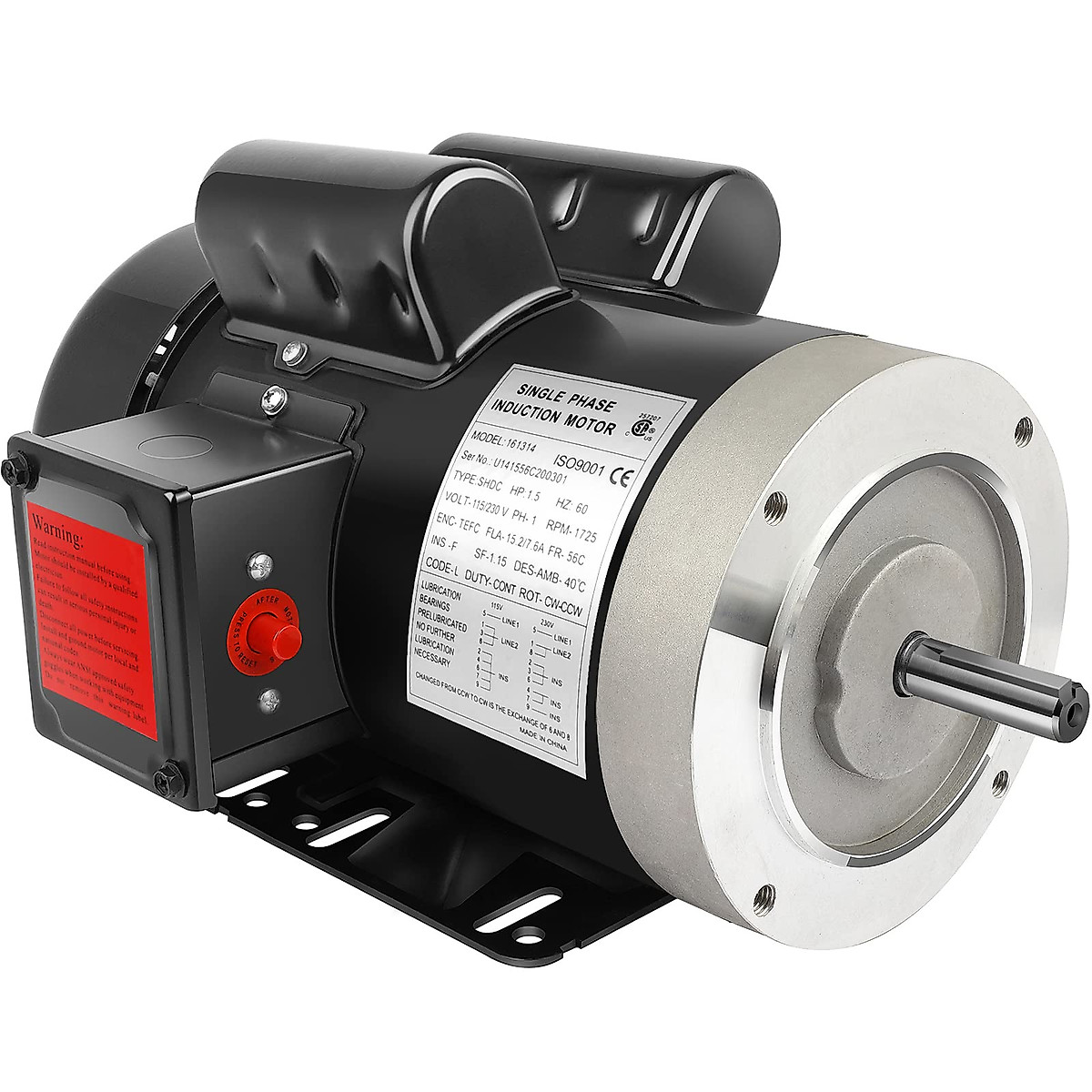 1.5HP Electric Motor General Purpose Single Phase Motor 1750RPM 56C 115/230V 5/8"Shaft Diameter CW/CCW TEFC IP55 60HZ