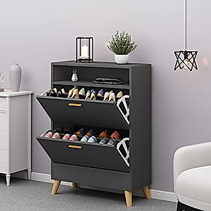 Gyfimoie Shoe Storage Cabinets, Free Standing Shoe Organizer with 2 Flip Drawers for Entryway, Narrow 3 Tier Entryway Hidden Shoe Rack with Doors (Grey)