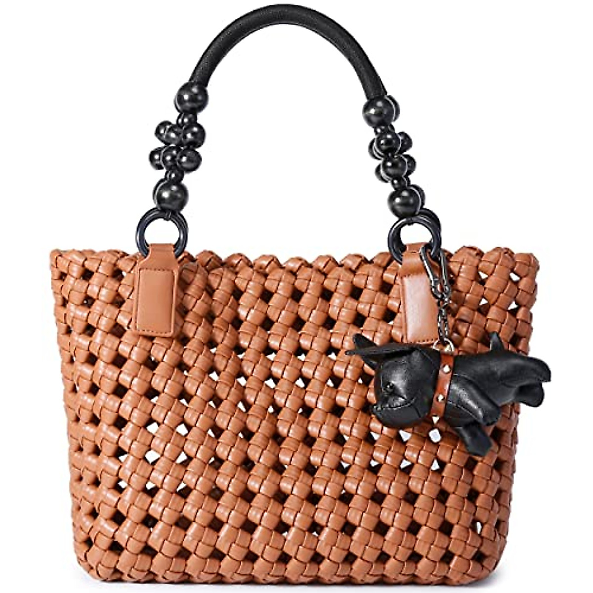 Woven Tote Bags for Women, Large Hollow-out Vegan Leather Fashion Top-handle Purse Shopper Bag Travel Bag (Brown)