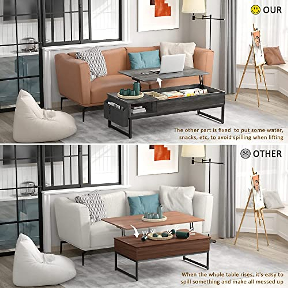 Aheaplus Lift Top Coffee Table with Storage, Wood Lifting Top Central Table Metal Frame, 43.3" Lift Tabletop Tea Table with Side Pouch, Cocktail Table Modern Pop up Adjustable Table for Living Room