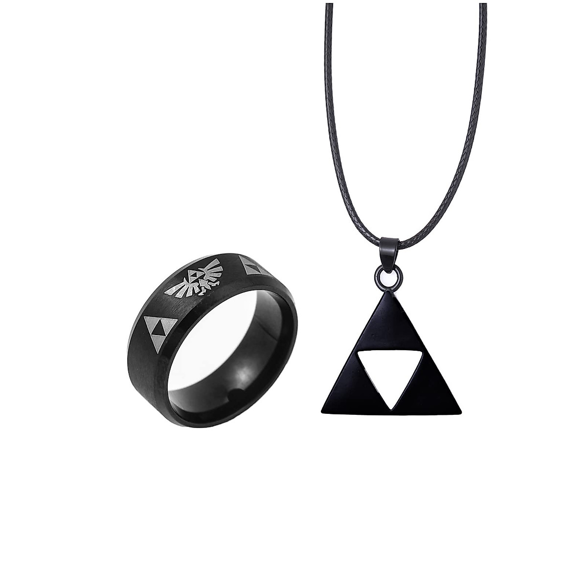 Winssigma Stainless Steel Ring for Men, Triangle Pendant Necklace Cosplay Jewelry Set for Gaming Enthusiast(Black #11)