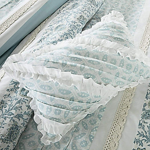 D&H 9 Piece Periwinkle Blue Green Paisley Comforter Queen Set, Blue White Shabby Chic Adult Bedding Master Bedroom Stylish Pintuck Ruffled Pattern Ruched Elegant Traditional Cotton Polyester