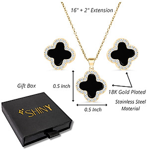 Four Leaf Crystal Clover Necklace Earring Set for Women 18K Gold Plated Stainless Steel Cubic Zirconia Pendant 4 Leaf Lucky Ear Studs Jewelry Gift for Mother and Daughter (Black Gold Set)