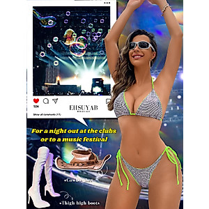 EHSUYAB Sexy Bikini Set, Thong String Triangle High Cut Metallic Bathing Suits for Women 2 Piece Bikini, Bralette Halter Tie Sparkly Padded Swimsuit Boudoir Beach Neon Green Silver Medium