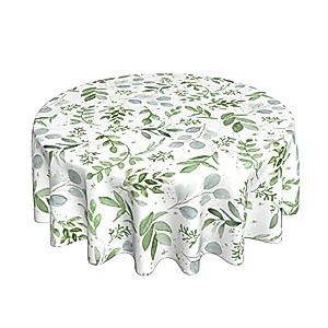 Spring Floral Teal Sage Green Tablecloth Round 60 Inch Watercolor Eucalyptus Leaf Round Table Cloth Wrinkle Resistant Washable Table Cover for Kitchen Dining Room Holiday Party Picnic Patio