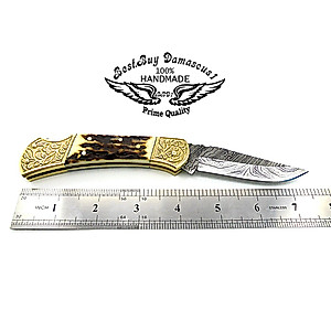 Best.Buy.Damascus1 Damascus pocket knife, Folding knife, Pocket Knife For Men, Knife Set with knife sharpeners Premium Quality gifts for men (antlers Scrimshaw)