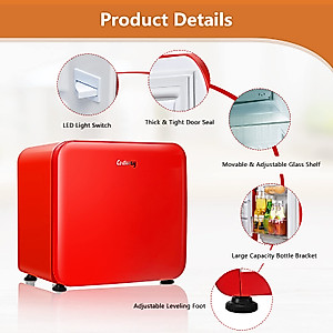 COSTWAY Compact Refrigerator, 1.6 cu ft. Single Door Small Fridge with Adjustable Temperature 32℉ to 50℉, Auto Defrost, Reversible Door, Removable Glass Shelves, Mini Fridge for Bedroom (Red)