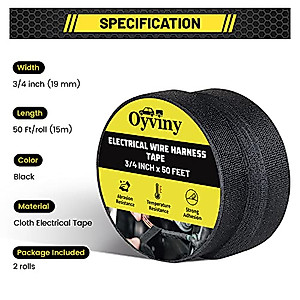Oyviny Wire Harness Cloth Tape 3/4-Inch by 50-Foot (2 Rolls), Self-Adhesive Fabric Tape for Automotive Engine and Electrical Wiring Harness Noise Damping, High Temp Wire Loom Tape