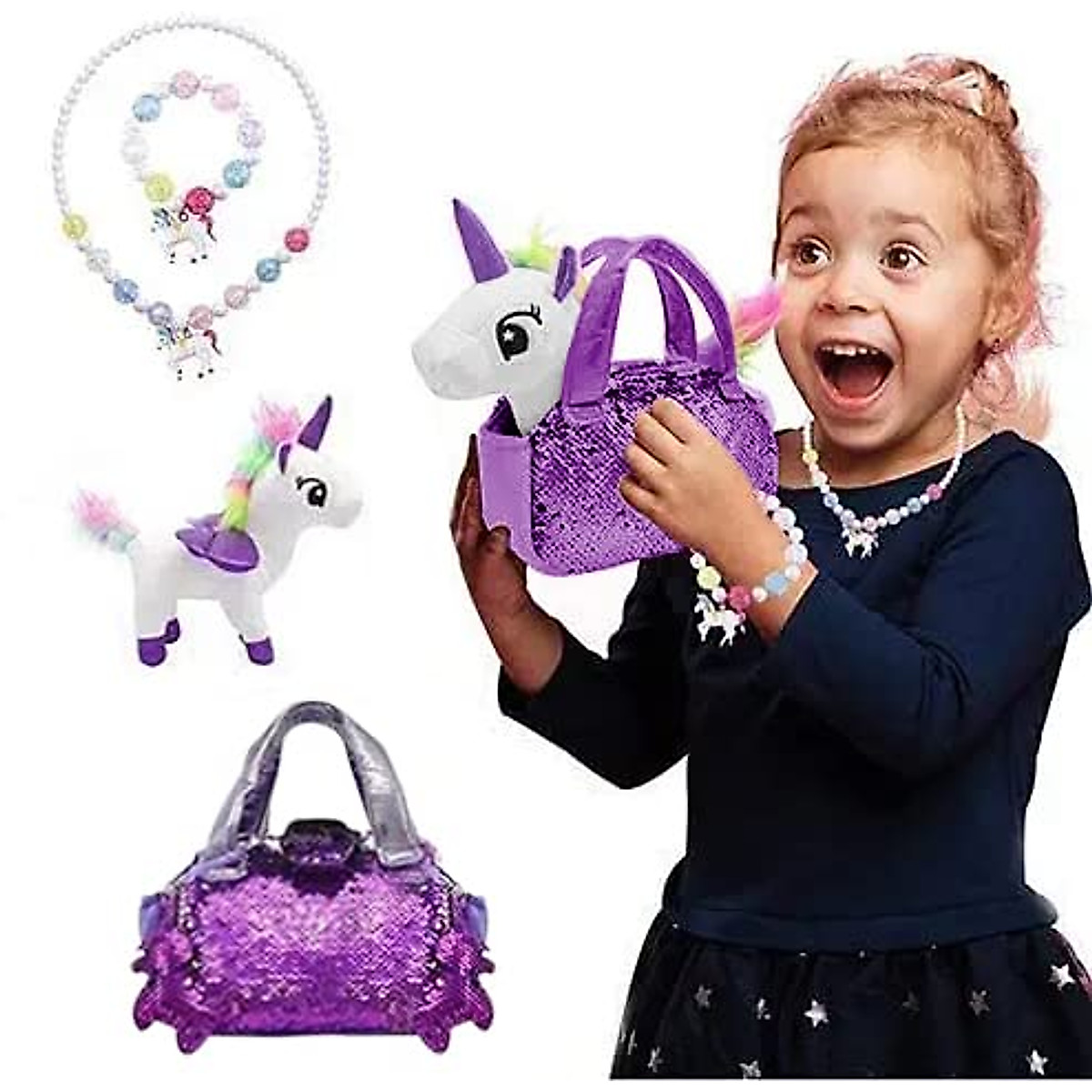 PASSIONFRUIT Unicorn Stuffed Plush Animal Toy Set with Purse Necklace & Bracelet - Plush Unicorns Birthday Gifts for Girls - Unique Rainbow Unicorn Stuffed Pet for Age 3 4 5 6 7 yrs. (Purple)