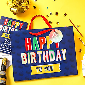 WRAPAHOLIC 13" Large Gift Bag with Card and Tissue Paper - Colorful Happy Birthday with Holographic Silver Foil