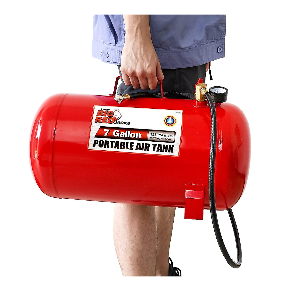 BIG RED T88007-1 Torin Horizontal Portable Air Storage Tank with 36 "Hose and Pressure Gauge, Capacity 7 Gallons, Red