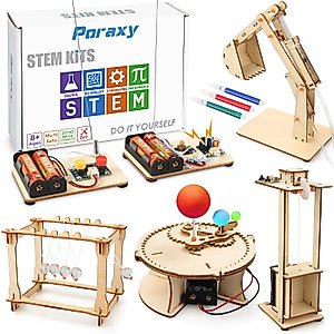 Poraxy 5 Set STEM Science Kits for Kids Age 8-12, Wooden Building STEM Projects 8-10, 3D Puzzles, Experiment Circuits Model, Toys for Ages 8-13, Gifts for Boys and Girls 6 7 8 9 10 11 12 13 Years Old