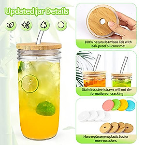 4 Pack Glass Cups Set - 24oz Mason Jar with Bamboo Lids and Glass Straw & 12 Airtight Lids, Brush - Boba Drinking Glasses, Reusable Travel Tumbler Bottle for Iced Coffee, Smoothie, Bubble Tea, Gift
