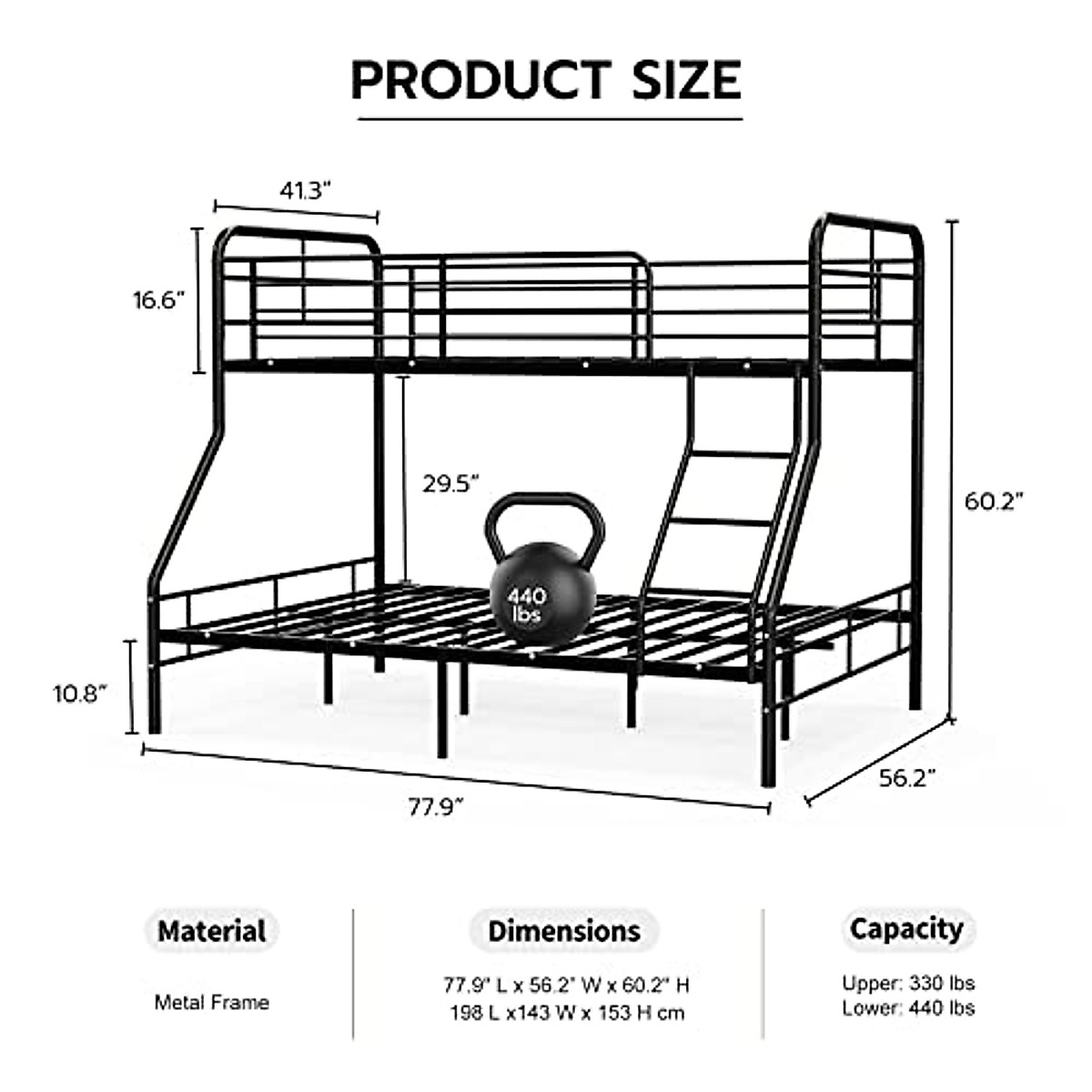 IKIFLY Metal Twin Over Full Bunk Bed, Heavy Duty Bunk Bed Frame with Safety Guard Rail & Ladder, Space-Saving Design/Noise Free/for Kids, Teens & Adults/No Box Spring Needed - Black