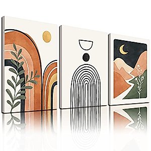 Minimalist Boho Wall Art Set of 3, Abstract Wall Art Mid-Century Modern Art Print, Neutral Geometric Canvas Artwork Posters for Living Room, Bedroom, Bathroom, Gallery, Boho Room Decor 12"x16", Framed