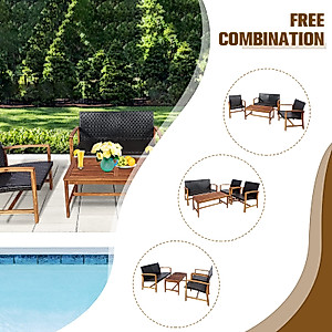 Tangkula 4-Piece PE Rattan Patio Furniture Set, Outdoor Conversation Set with Solid Acacia Wood, Outdoor Bistro Set with 1 Coffee Table, 1 Loveseat and 2 Chairs for Poolside, Backyard and Deck
