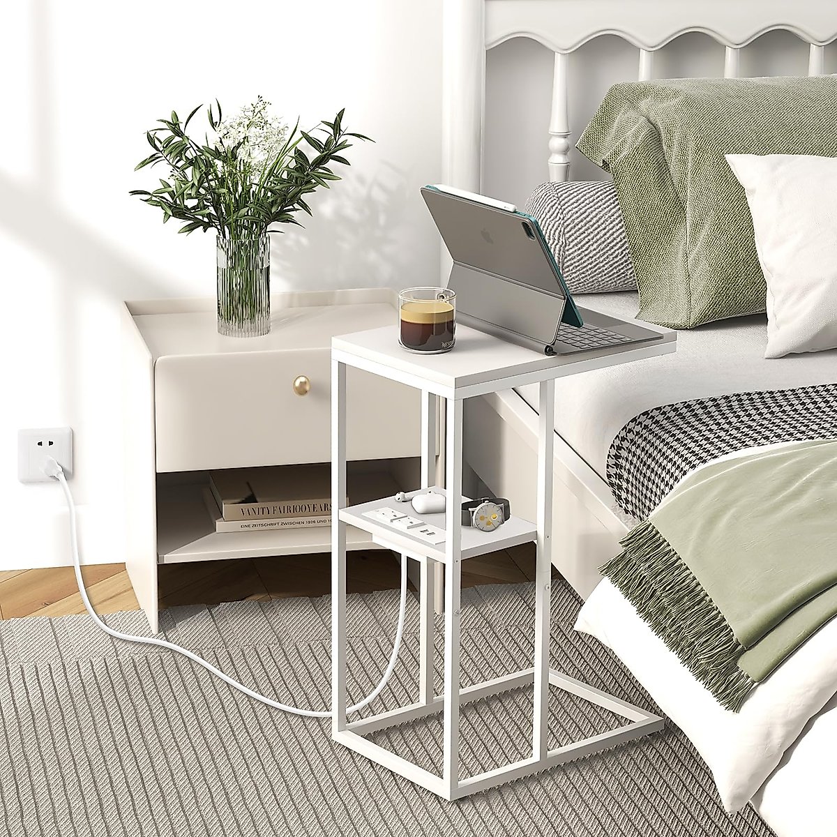 Yoobure C Shaped End Table with Charging Station, Small Side Tables for Living Room Bedroom, Sofa Table with USB Ports and Outlets for Small Spaces, Couch Table Rustic Snack Table Bed Side Table