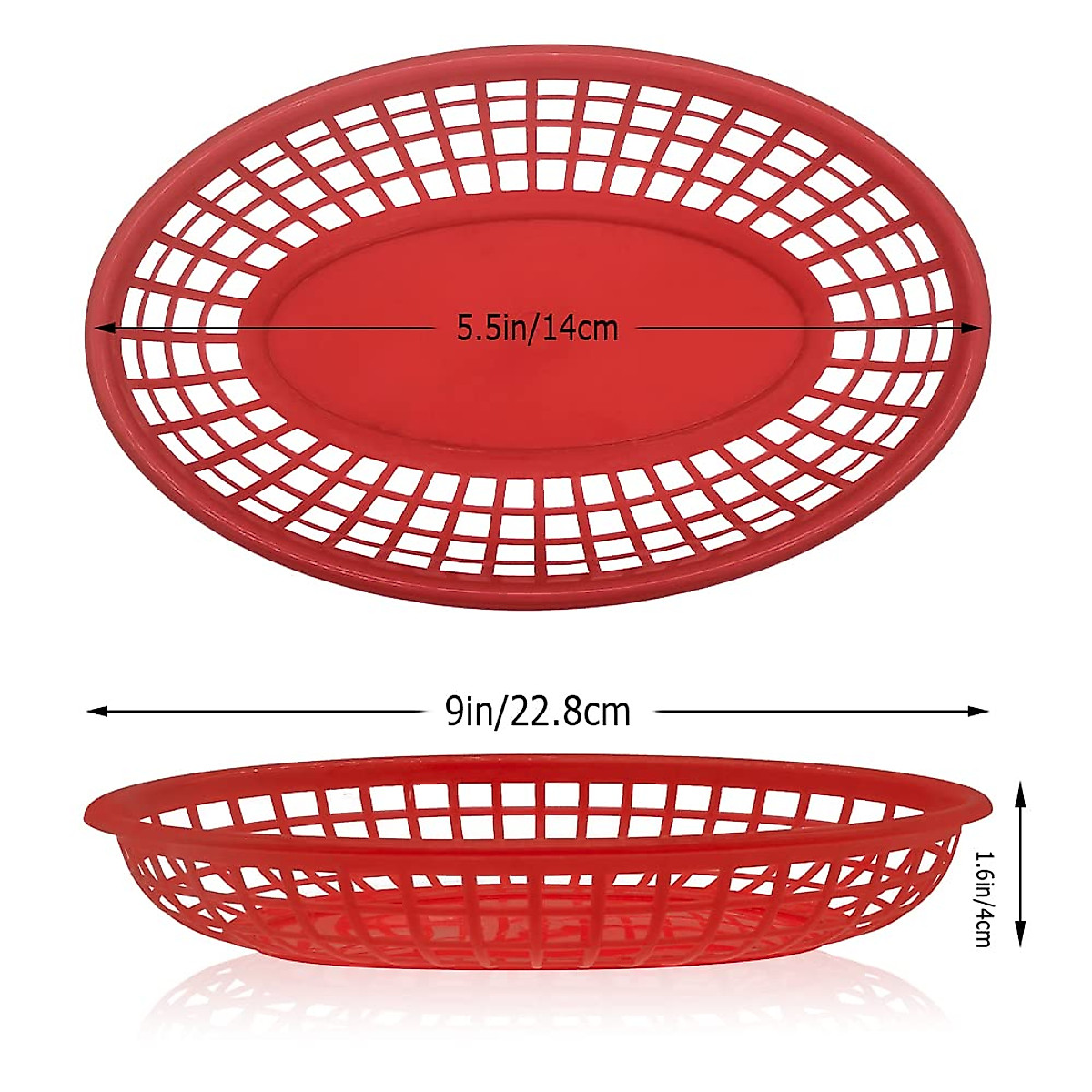Cezoyx 50 Pack Red Fast Food Basket, 8.9 x 5.6 x 1.5 inch Oval Bread Fry Baskets Plastic Food Serving Tray for Fast Food Restaurant Supplies, Deli Serving, Chicken, Burgers, Sandwiches, Fries