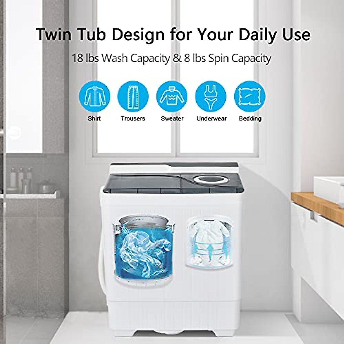 COSTWAY Portable Washing Machine, Twin Tub 26Lbs Capacity, Washer(18Lbs) and Spinner(8Lbs), Compact Laundry Machine with Control Knobs, Timer Function, Drain Pump, Laundry washer for Apartment, RV, Grey