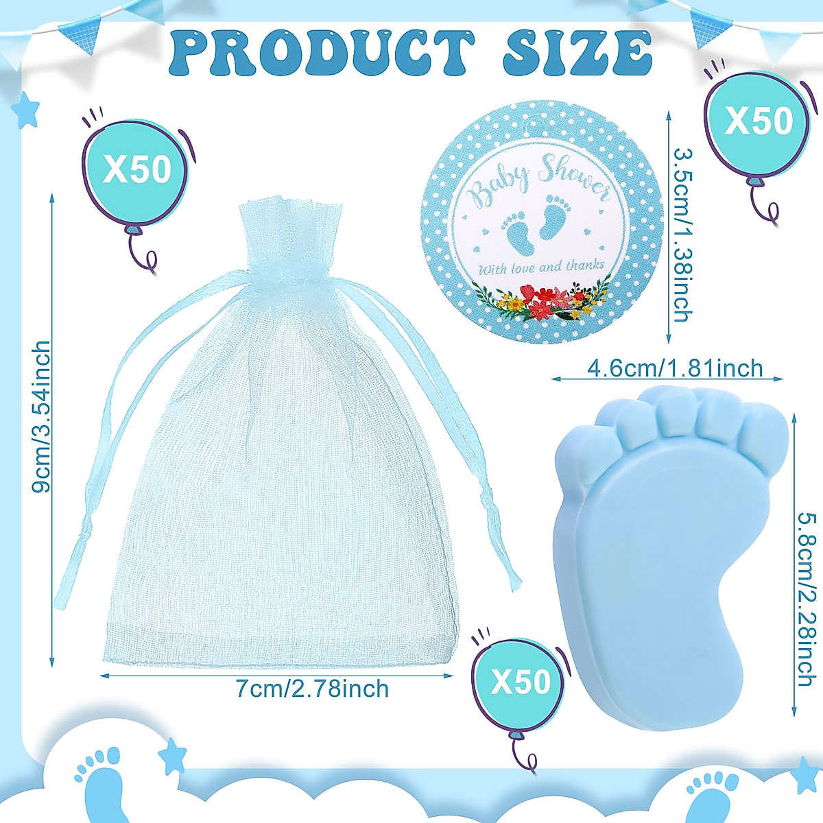 Dimsile 50 Sets Baby Shower Favors, Handmade Baby Feet Scented Soap Party Favors for Guests Baby Shower Favors Soaps with Organza Bags Thanks Tags for Baby Shower Gifts Wedding Party Guests (Blue)
