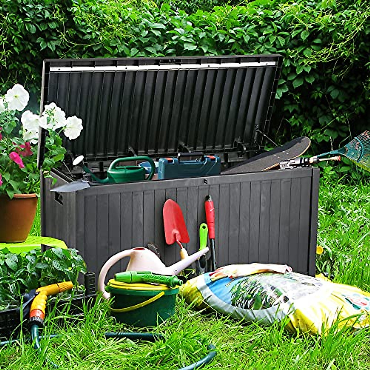 YITAHOME Large Deck Box,Outdoor Storage Container 114 Gallon for Outdoor Pillows, Pool Supplies, Garden Tools, Furniture and Sports Equipment,Water-resistant,Lockable (Black)