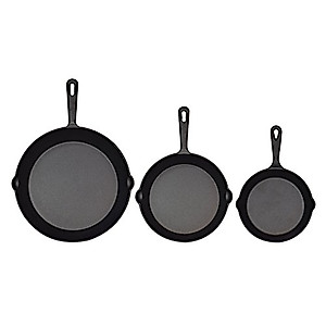 Jim Beam HEA Set of 3 Pre Seasoned Cast Iron Skillets with Even Distribution and Heat Retention-6" 8" 10", 10'', Black