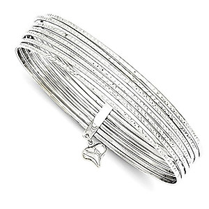 IceCarats 14K White Gold Dangling Heart Love Set of 7 Slip On Bangle Bracelet