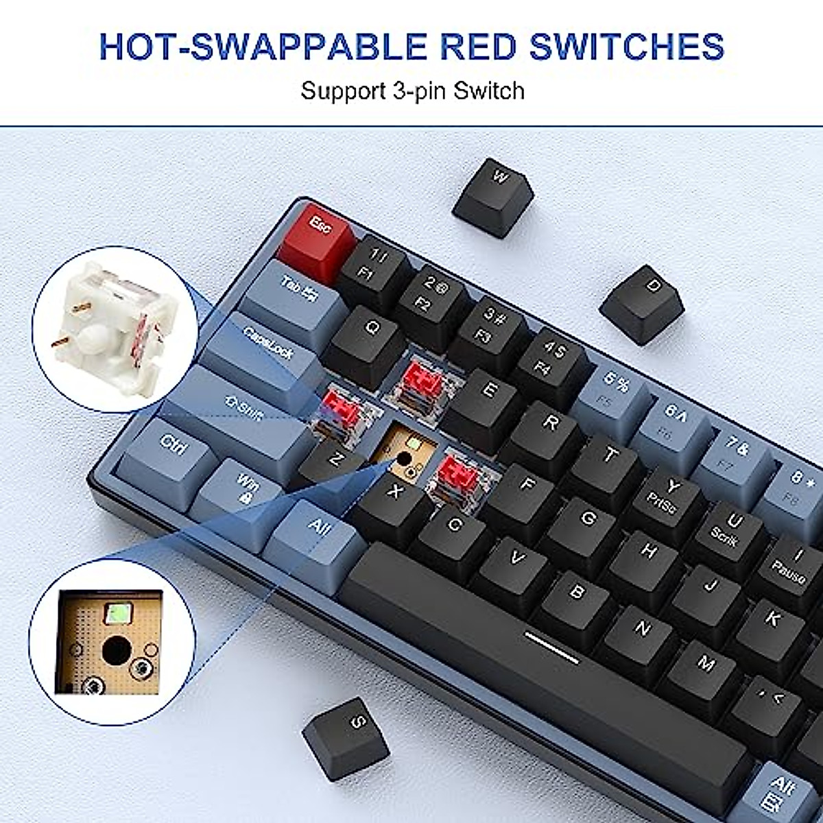 MageGee 60% Mechanical Gaming Keyboard, 68 Keys Hot-Swappable Compact Blue LED Backlit Gaming Keyboard, SKY68 Wired Ergonomic Mini Office Keyboard for Windows PC Gamer (Red Switch, Blue & Black)