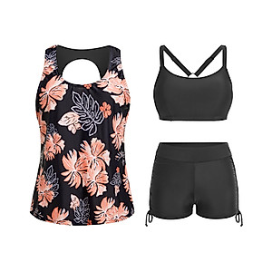 Yonique 3 Piece Womens Tankini Swimsuits with Shorts Athletic Bathing Suits Tank Tops with Bra and Boyshorts Black Floral XL