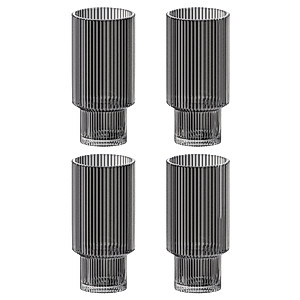 American Atelier Vintage Art Deco Fluted Drinking Glasses | Set of 4 | 11 oz | Modern Kitchen Glassware Set | Unique Cups for Weddings, Cocktails or Bar | Ribbed Glass Cup for Water (Smoke Grey)