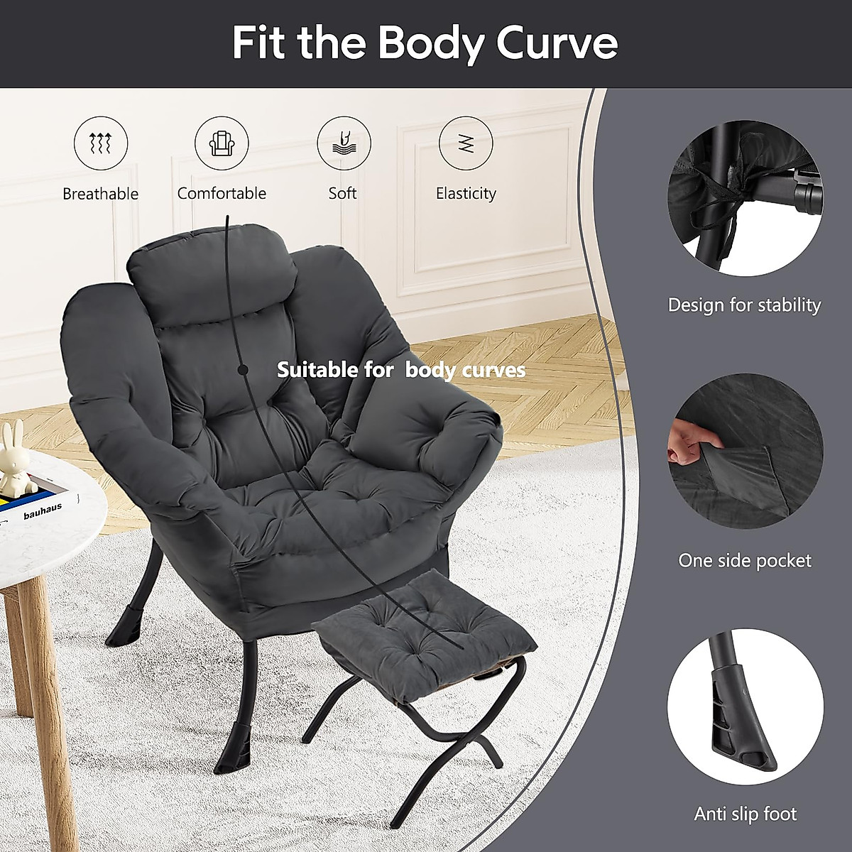 Congermom Lazy Chair with Folding Ottoman Modern Large Accent Chair,Contemporary Lounge Leisure Sofa Chair with Armrests Upholstered Sofa Armchair Reading Chair for Bedroom,Dorm & Office,Dark Grey