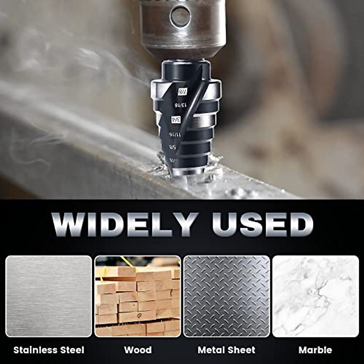 BLEKOO Step Drill Bits, Total 27 Sizes, Double Spiral Fluted 7/8" to 1-3/8" 2 PCS Set for Stainless Steel, Wood, Plastic, M2 HSS, 3/8 Triangle Shank